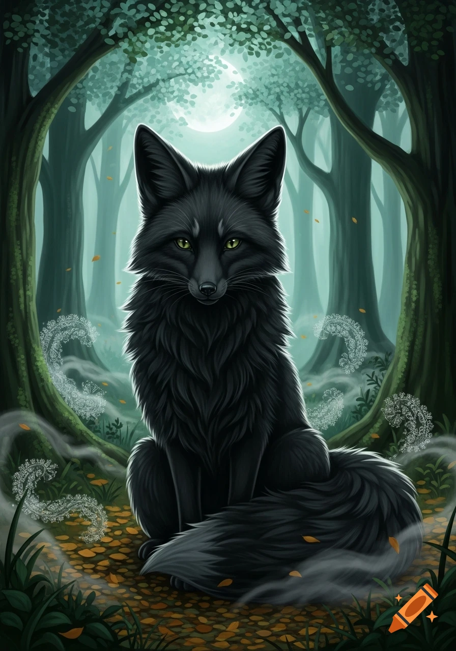 A black fox with green eyes sits in a mystical, moonlit forest with ...