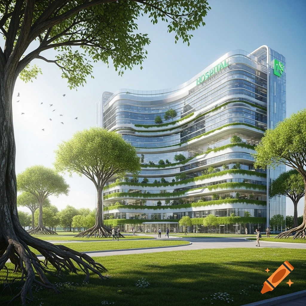 A futuristic eco-friendly hospital with green terraces, a prominent ...