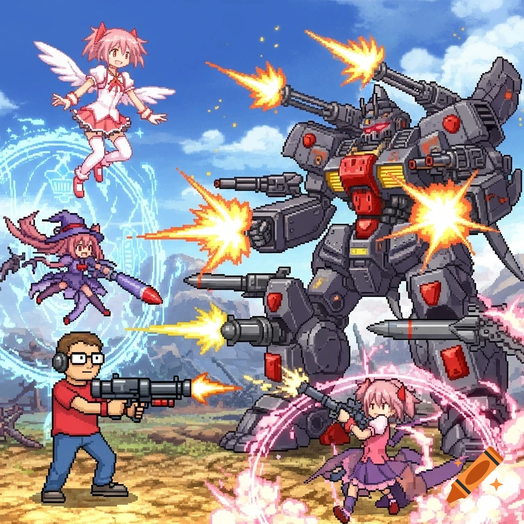 A pixel art battle scene featuring anime characters, a man with a ...