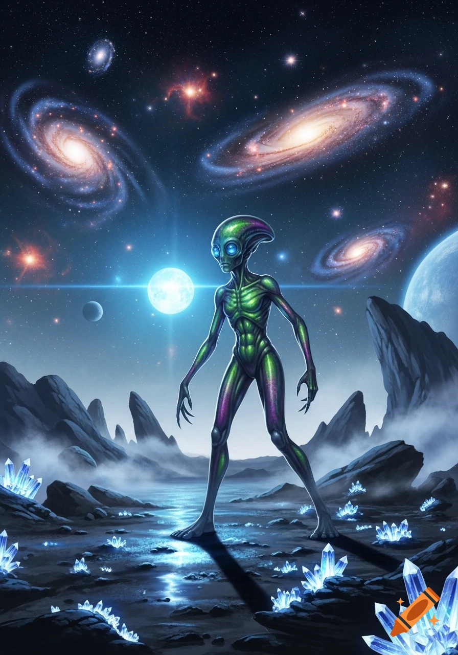 A green alien stands on a crystal-laden alien planet under a cosmic sky ...
