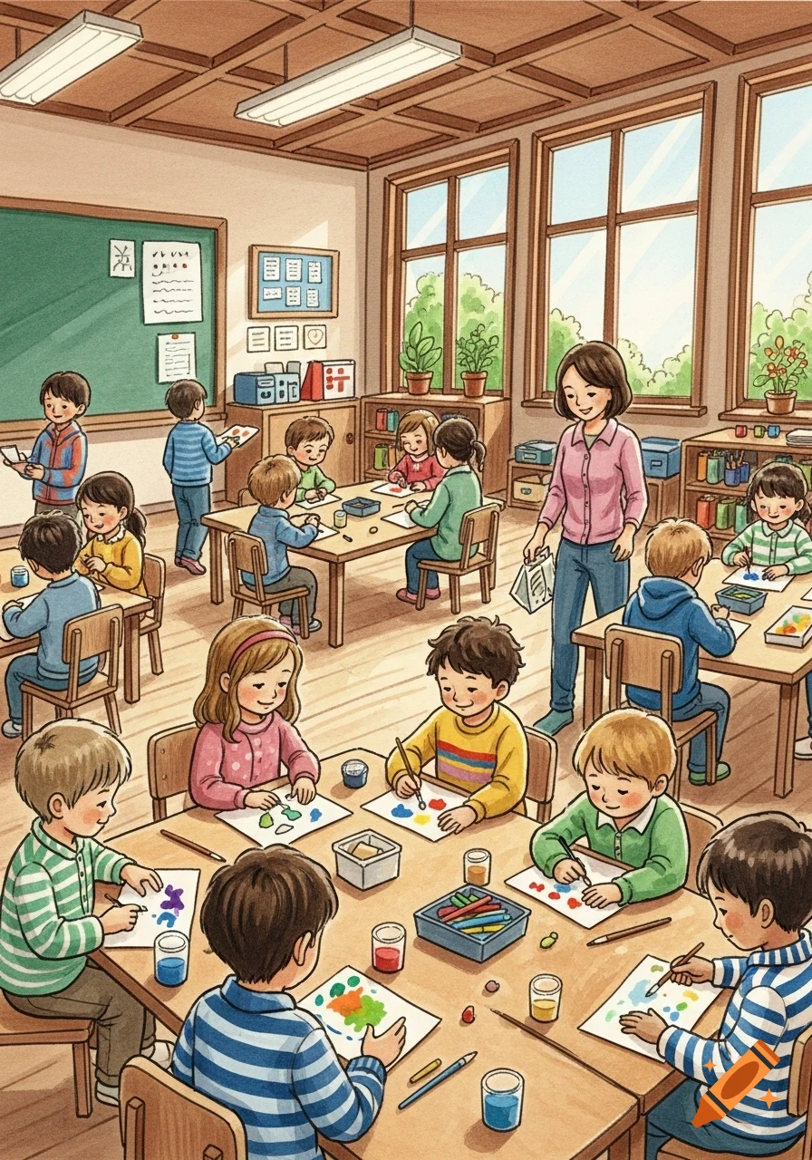 An illustration of a classroom with a teacher and multiple children ...