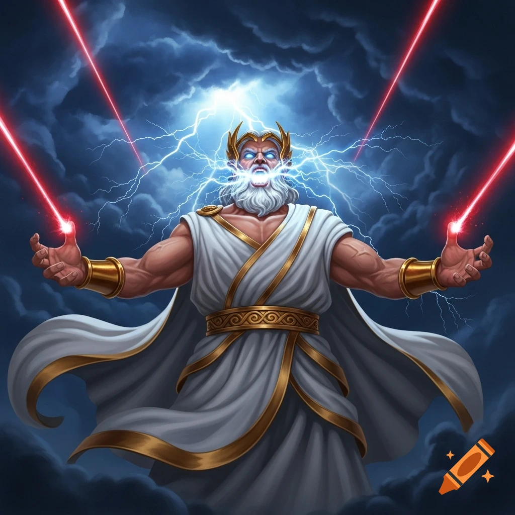 An angry Zeus with a white beard, gold crown, and white robe ...