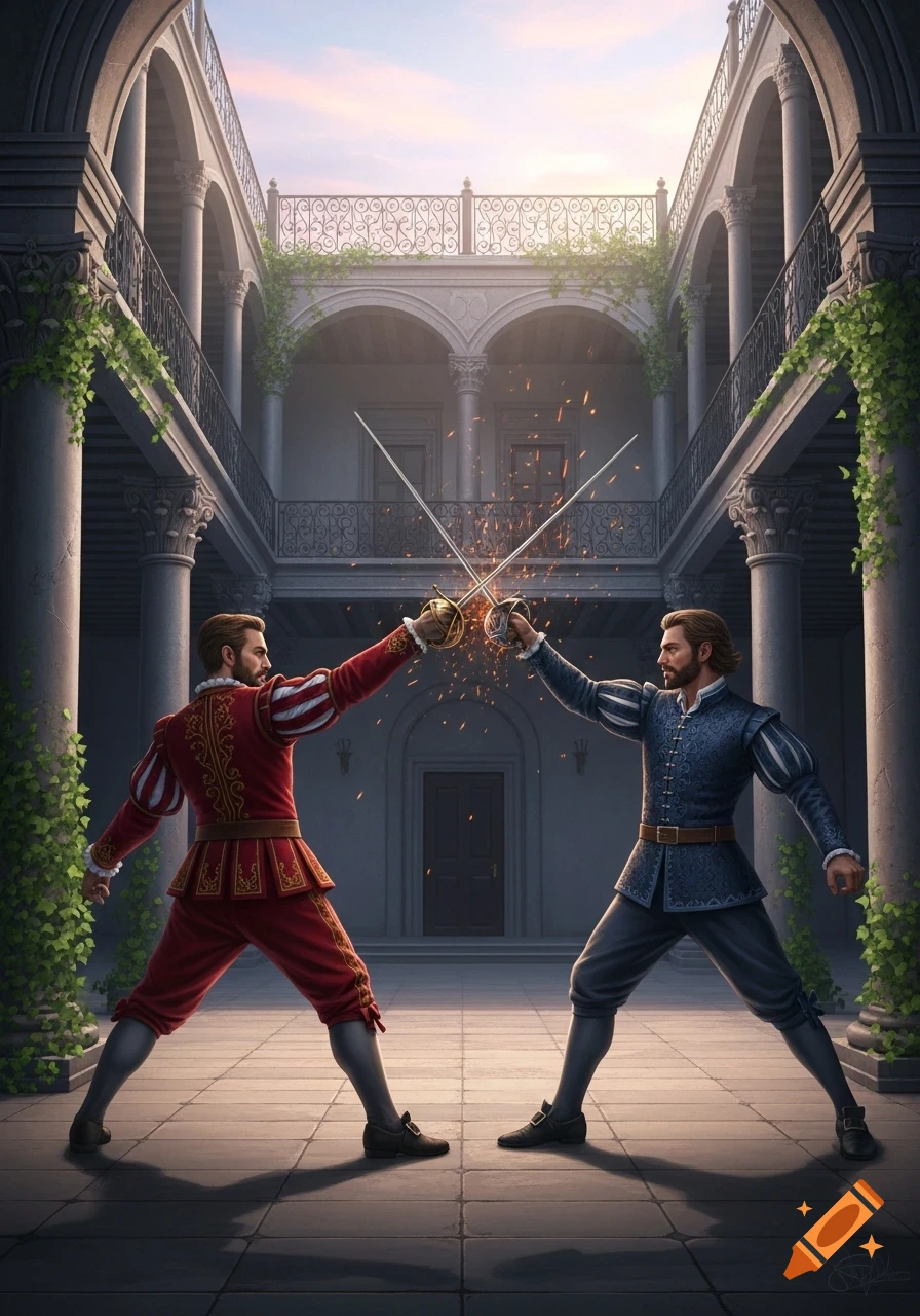 Two men in historical attire duel with rapiers, sparks flying, in a ...