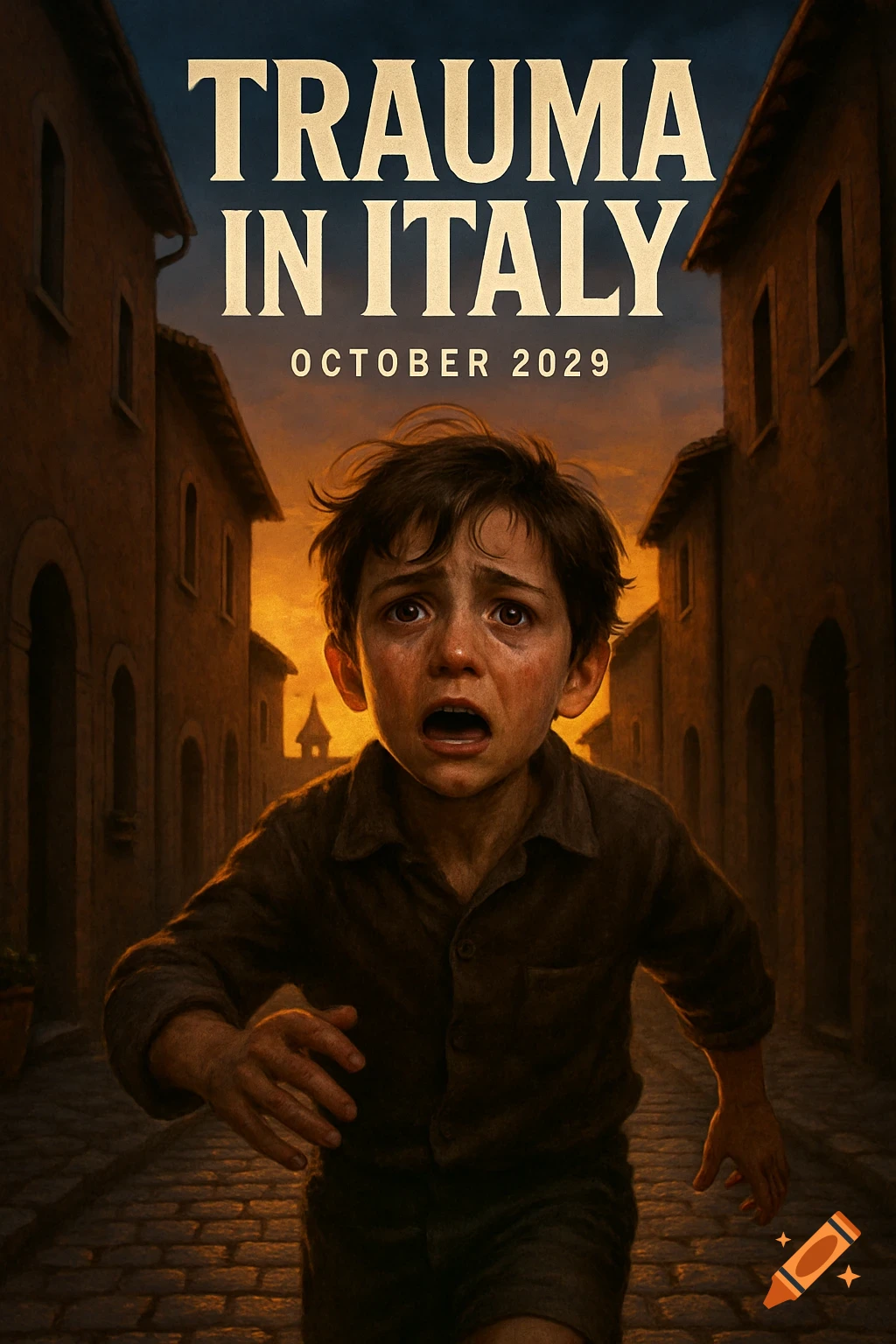 A distressed boy with tears in his eyes runs through an old Italian ...