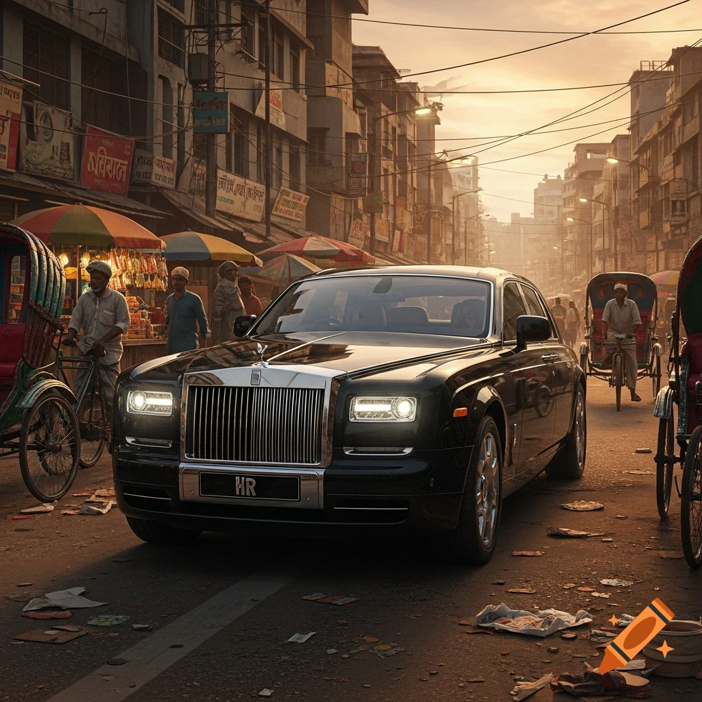 A sleek black Rolls Royce Phantom drives down a bustling, dusty street in a South Asian city ...