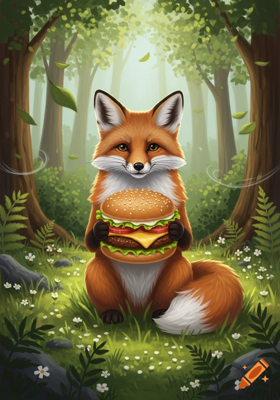 A cute, cartoonish red fox sits in a lush forest, holding a big ...
