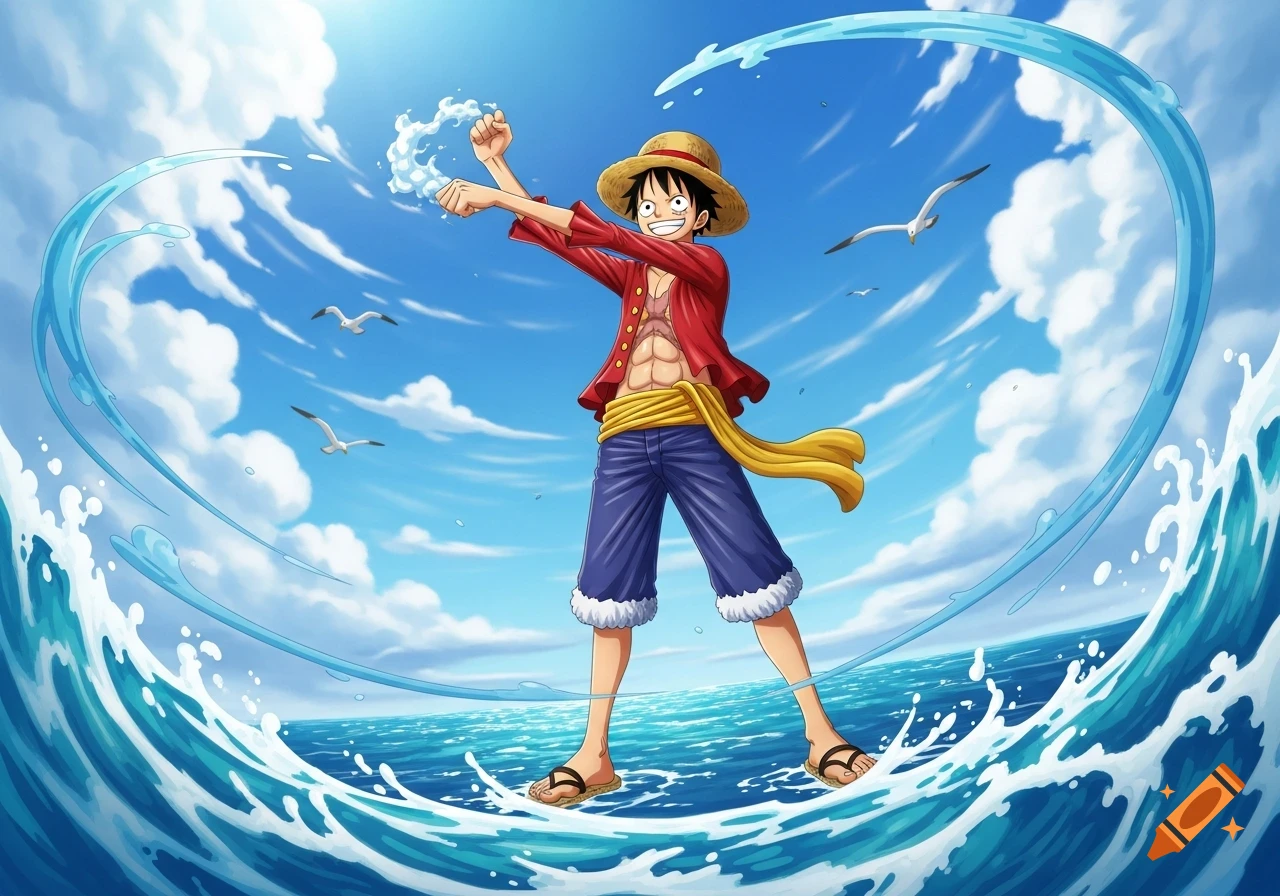 Luffy in his straw hat and red shirt stands on the ocean, surrounded by ...