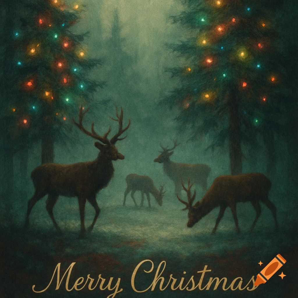 A misty, dark forest scene with several deer and Christmas trees ...