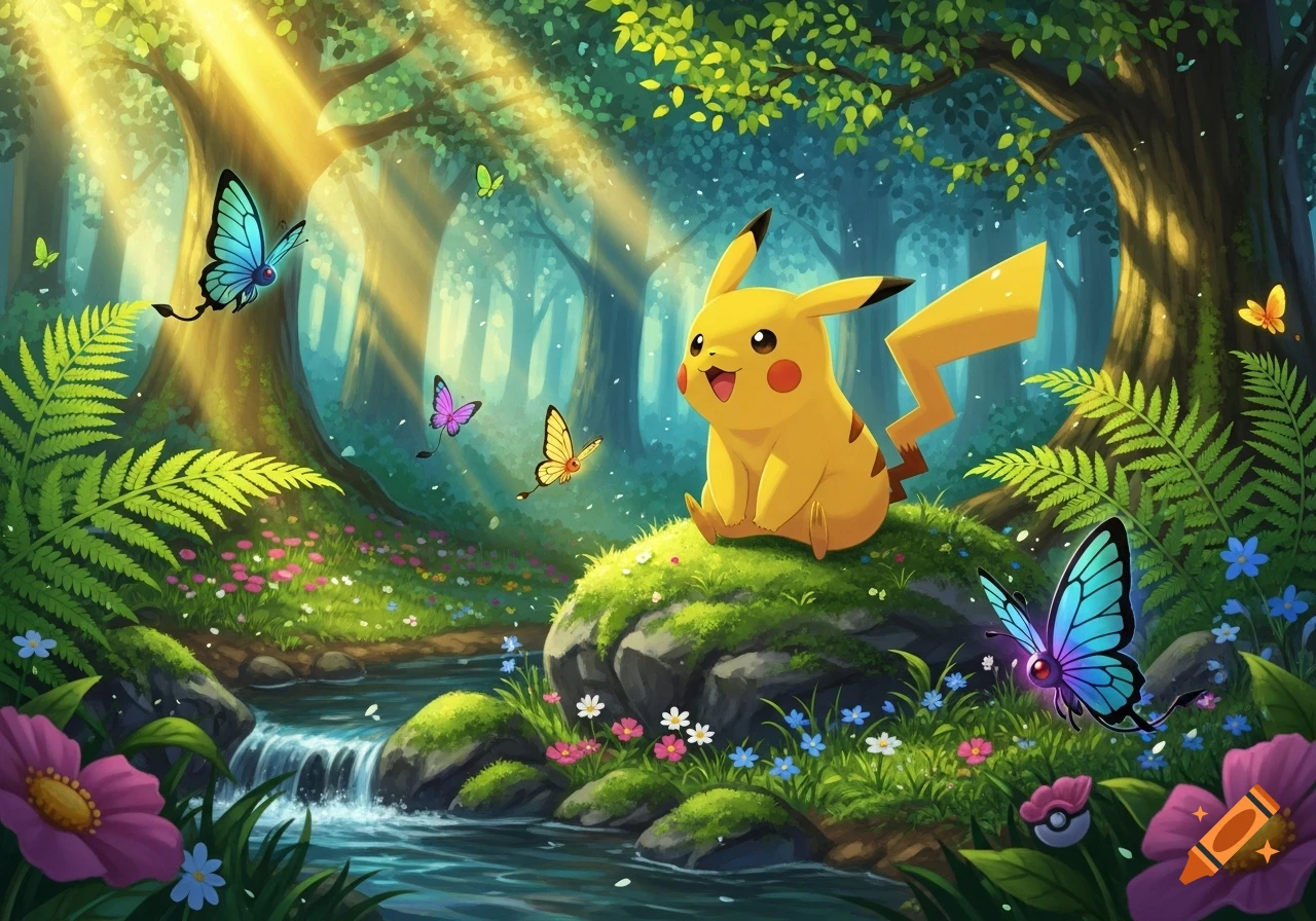 Pikachu sits on a mossy rock by a waterfall in a vibrant, sunlit forest ...