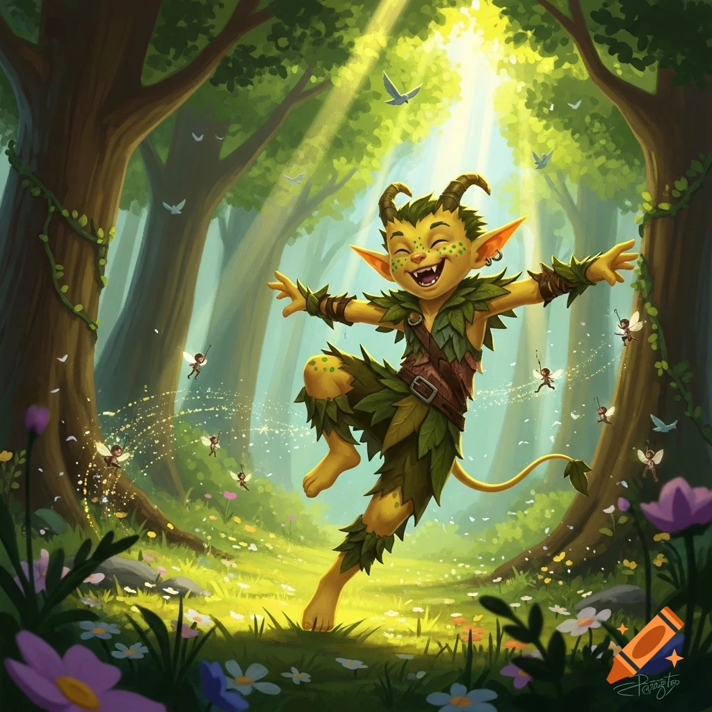 A playful, yellow-skinned imp with green freckles and horns dances ...