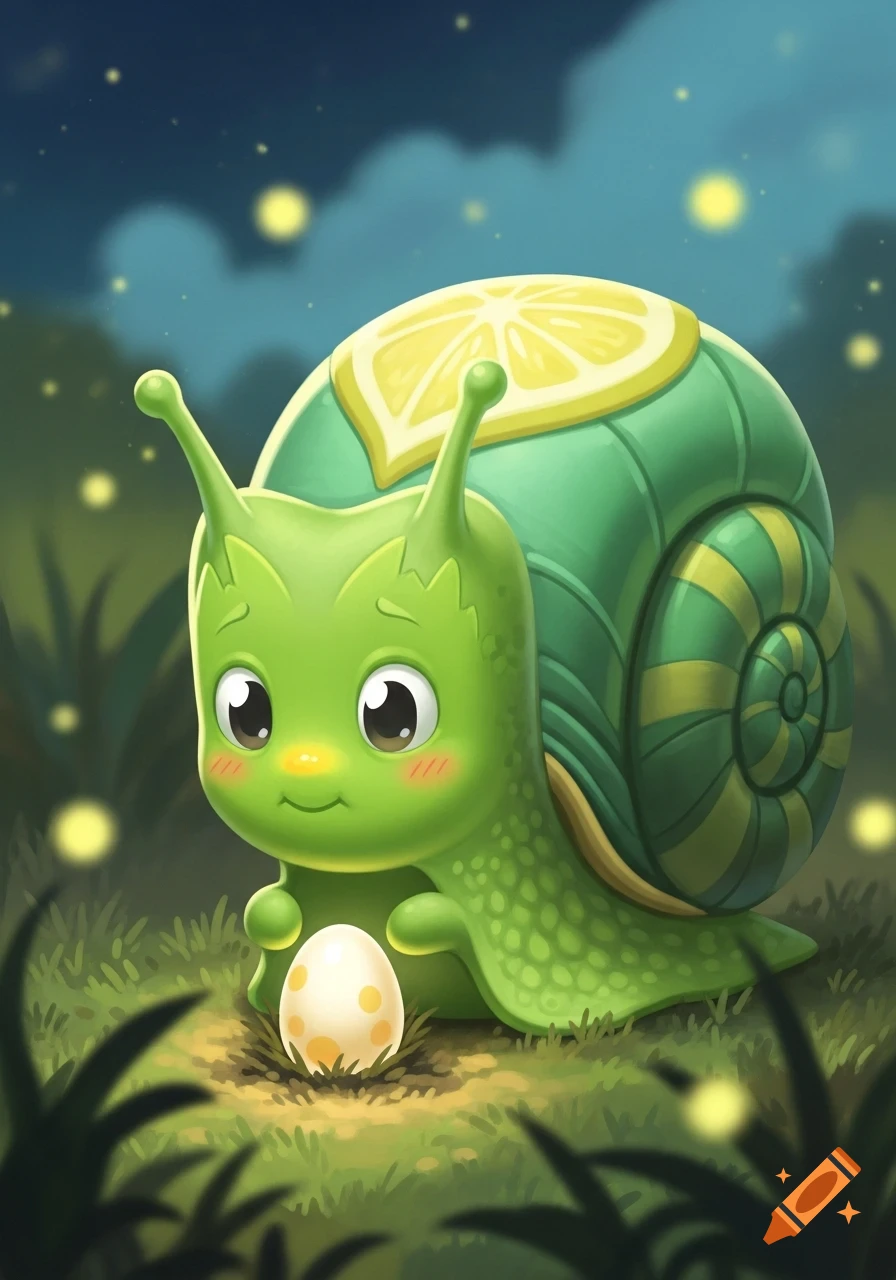 A cute green cartoon snail with a lemon slice shell looks down at a ...