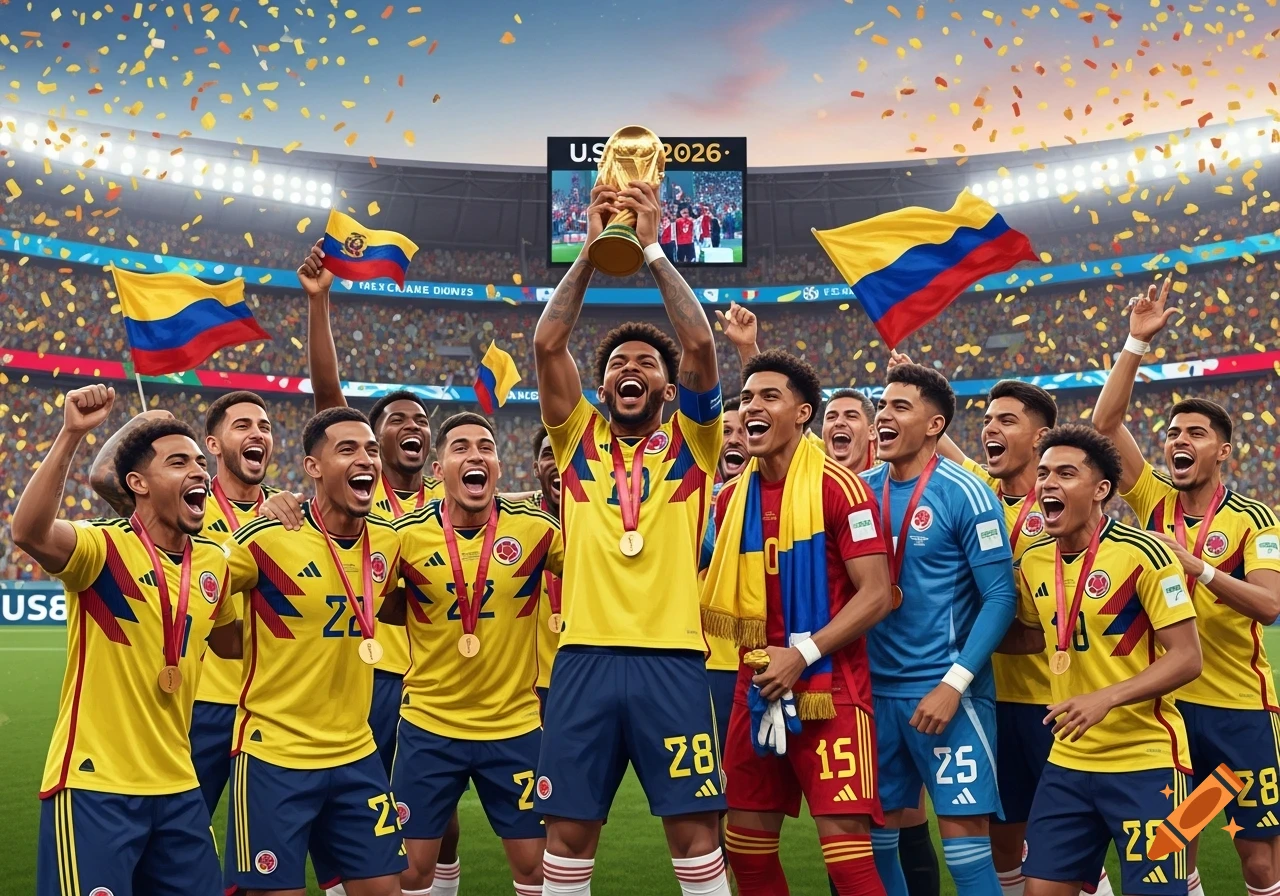 Colombian national soccer team players cheer jubilantly in a stadium ...