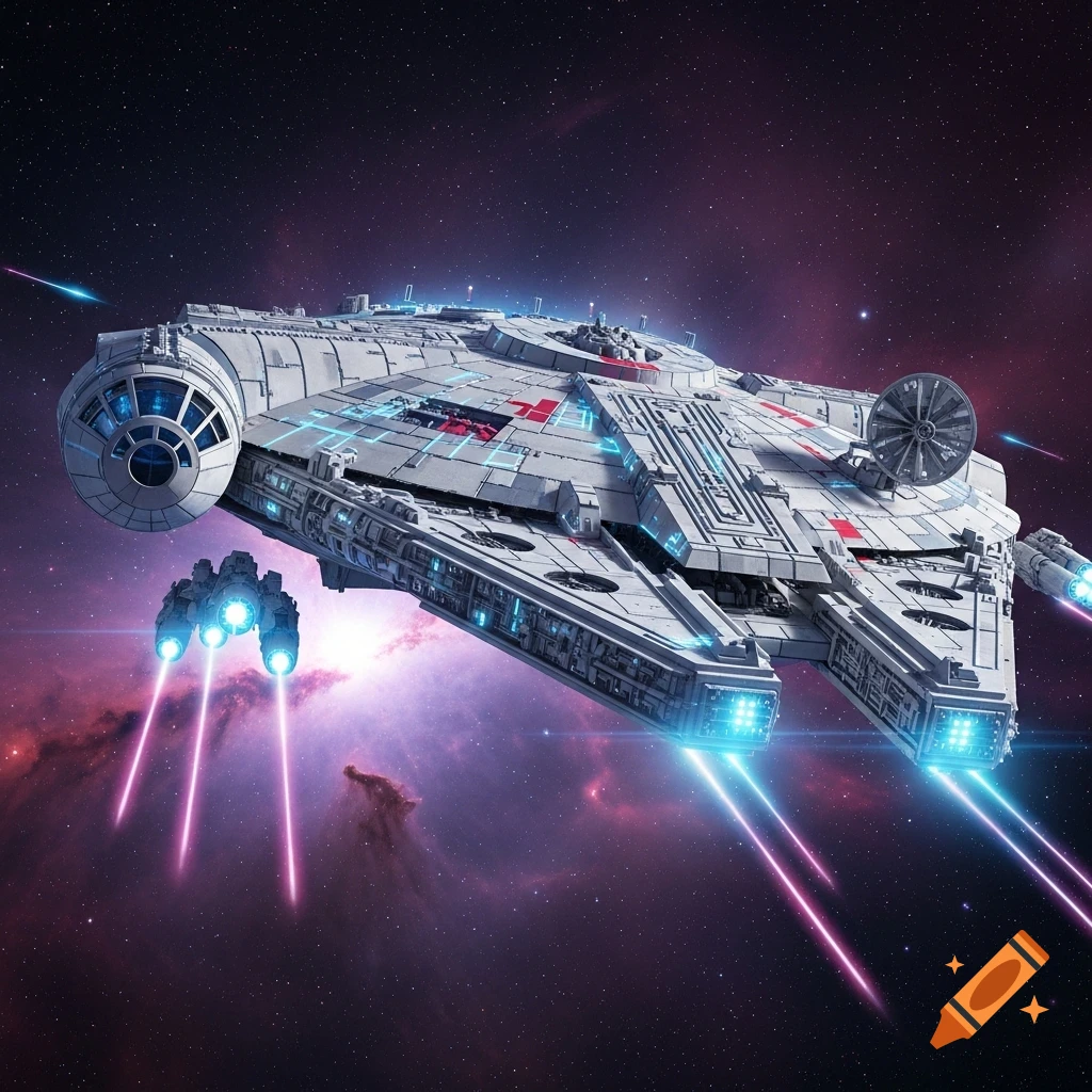 A detailed, modernized Millennium Falcon-like spaceship with glowing ...