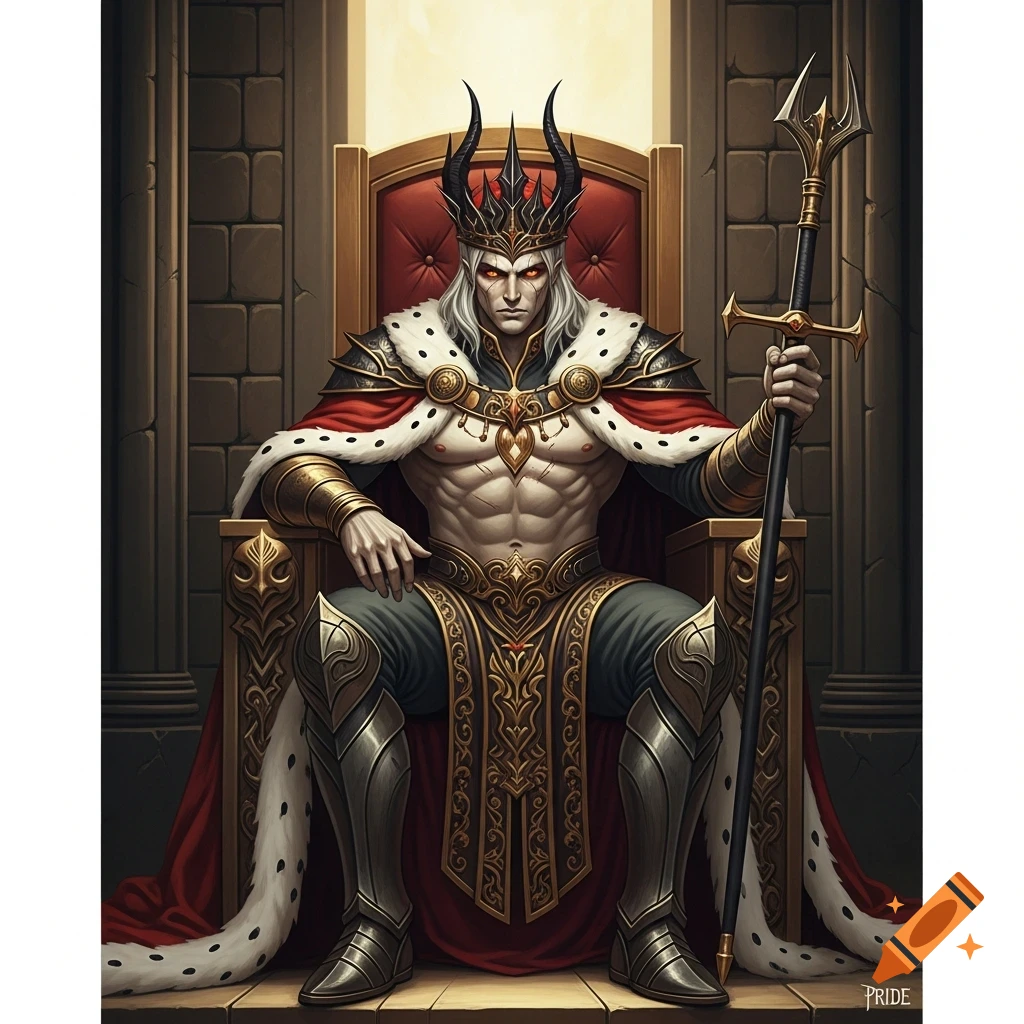 A muscular, white-haired demonic king with horns and a crown sits ...
