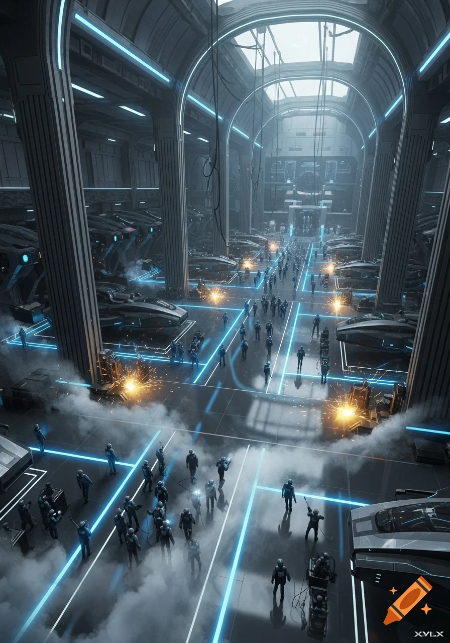 A futuristic sci-fi hangar bay with multiple spaceships, glowing blue ...