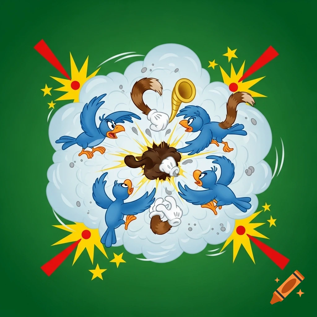 A cartoon fight cloud with blue birds, a horn, tails, and gloved hands ...
