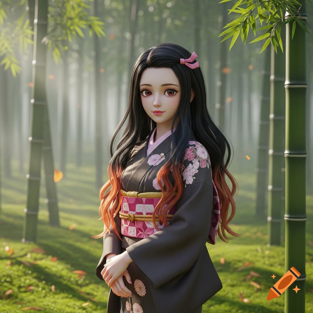 A 3D rendered realistic anime girl, Nezuko, in a dark kimono with pink ...