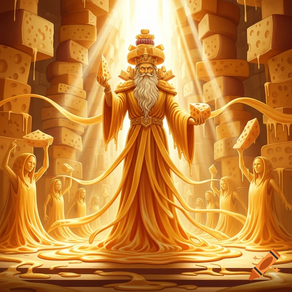 A majestic god-like figure made of cheese stands with melted cheese ...