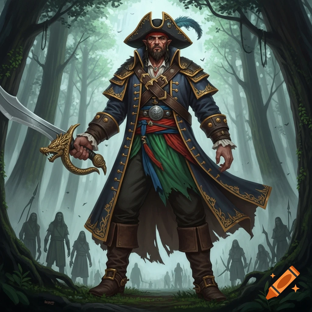 A fantasy illustration of a bearded elf-like pirate leader with a sword ...