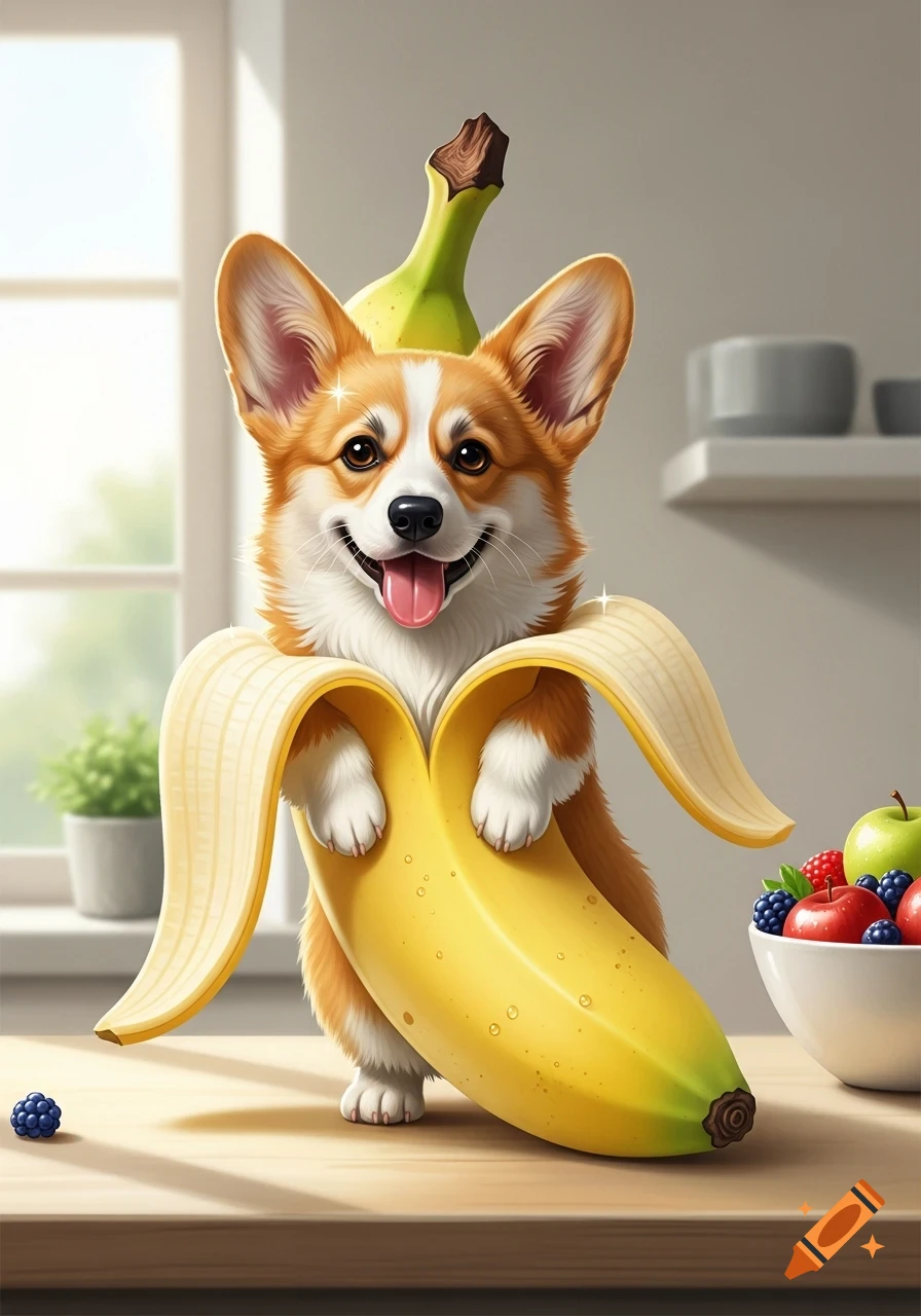 A happy corgi dog peeks out of a peeled banana, wearing a banana stem ...