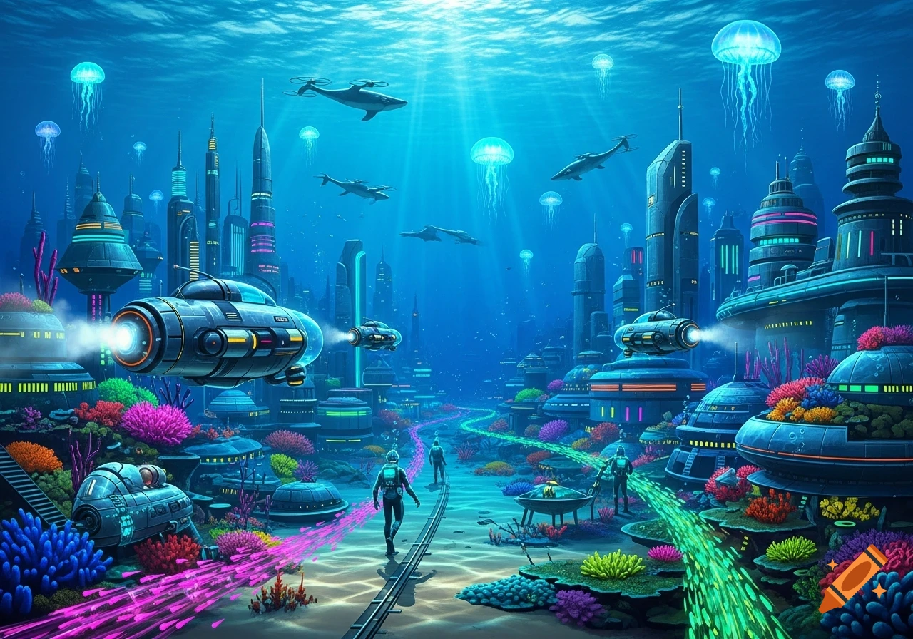 A vibrant retro-futuristic underwater city with glowing buildings ...