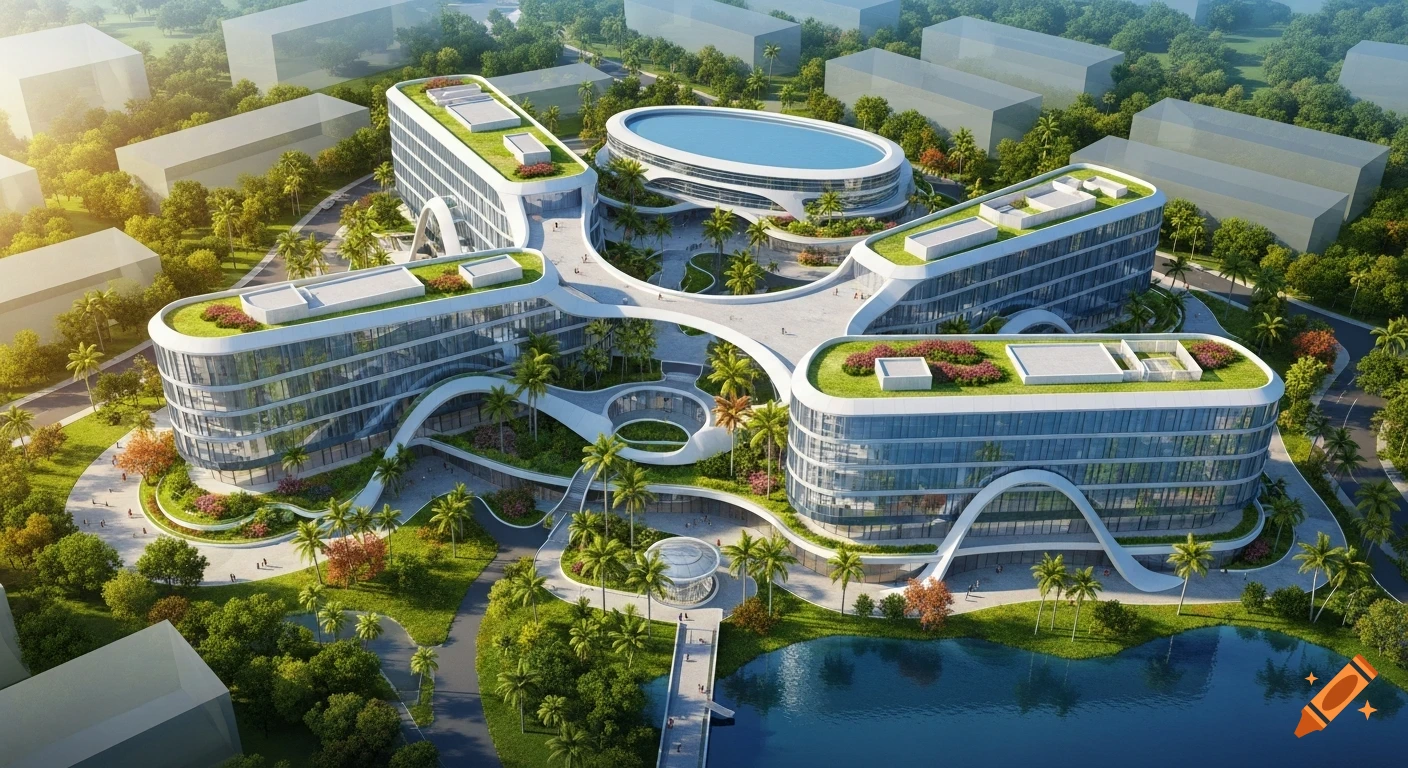 Aerial view of a modern campus with three interconnected white and ...