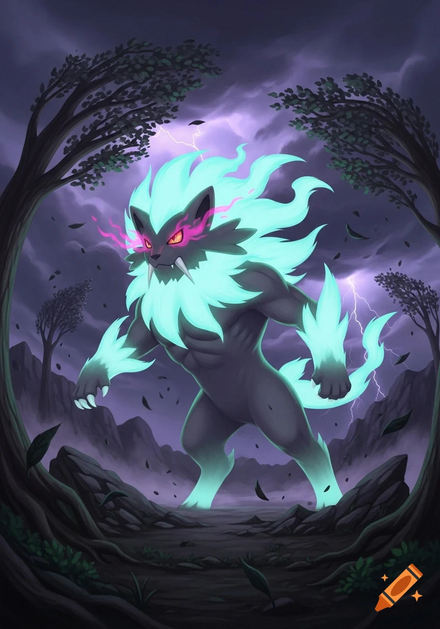A strong, dark ape-like monster with glowing cyan fur and red eyes ...