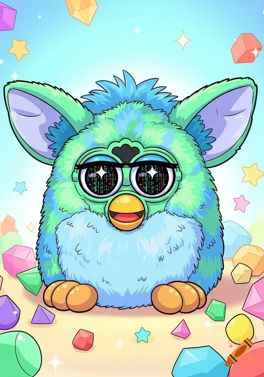 A cartoon-styled green and blue Furby with debug code eyes sits among ...