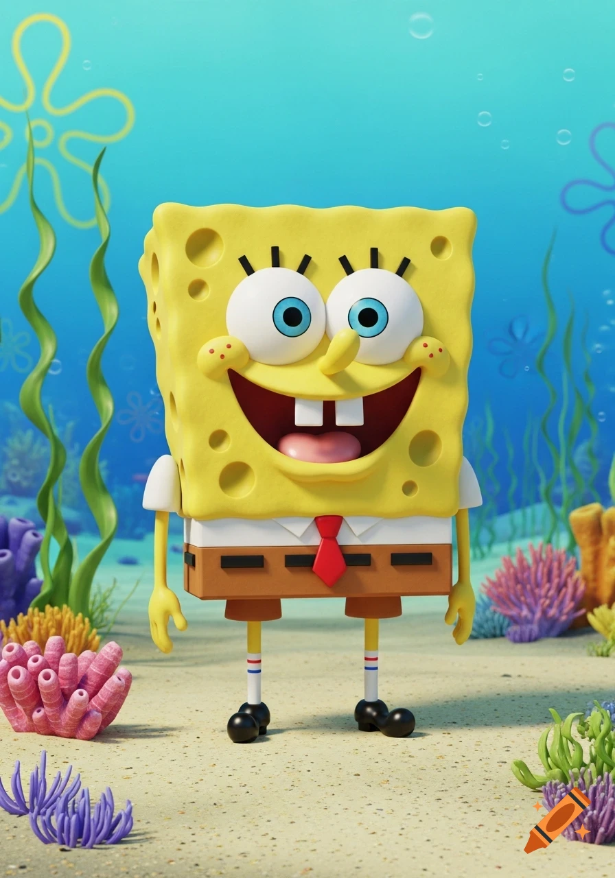 A 3D render of Spongebob Squarepants smiling widely on a sandy ocean ...