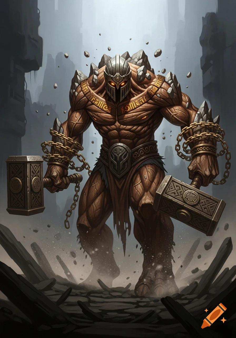 A large, muscular humanoid rock creature with a metal helmet stands in ...