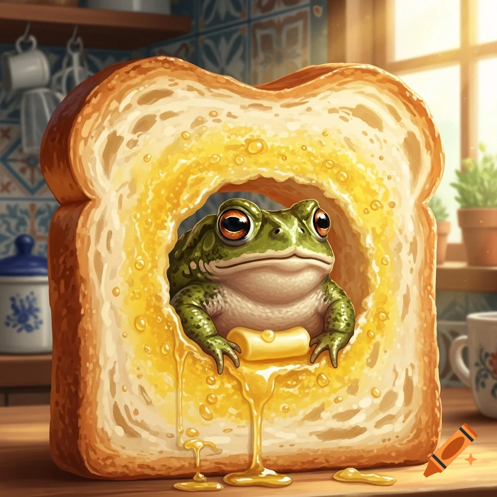 A cute, green toad sits in a hole cut into a thick slice of buttered ...