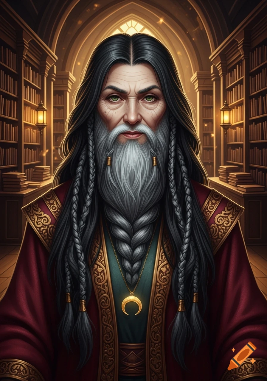 A stylized portrait of an old, wise man with a long braided beard and ...