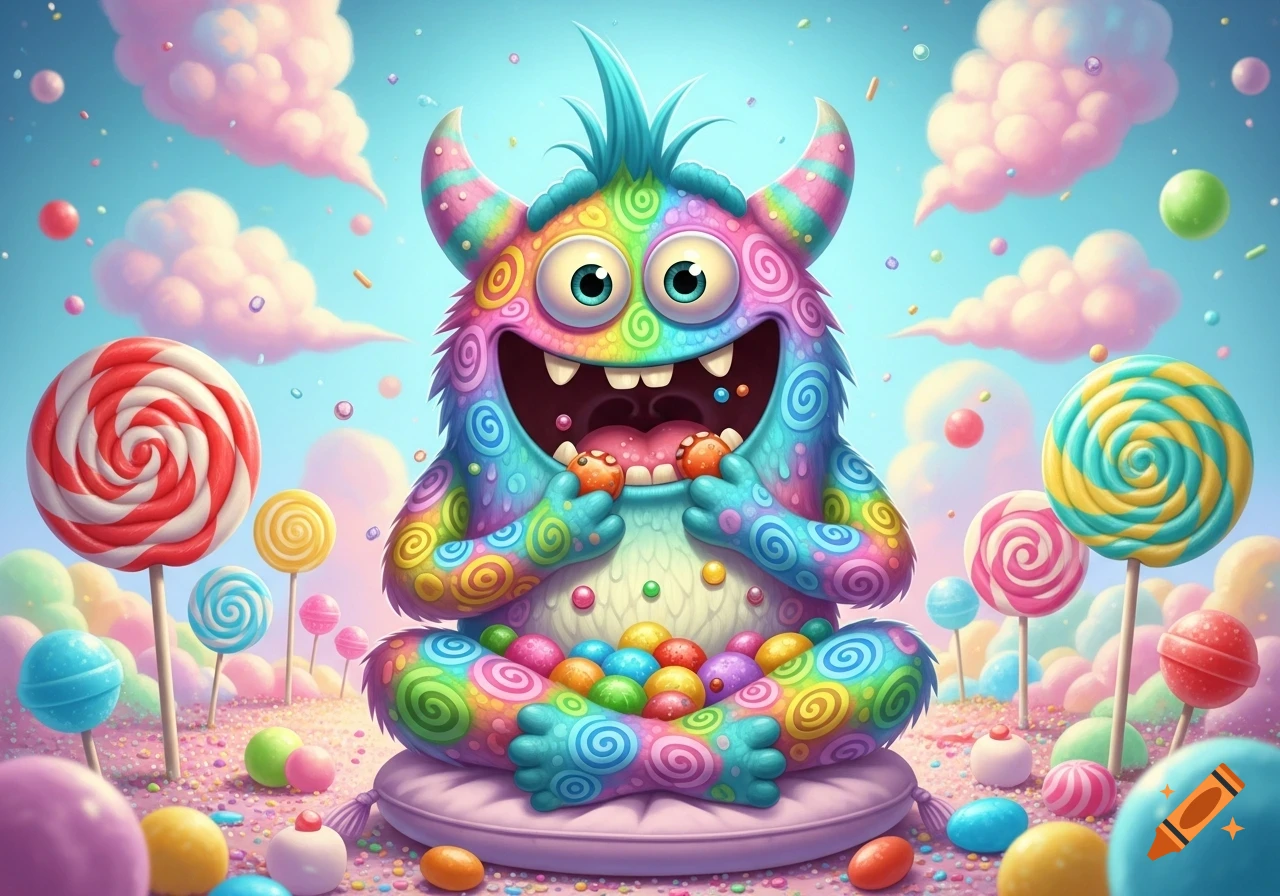 A happy, rainbow-colored cartoon monster eating candies in a whimsical ...