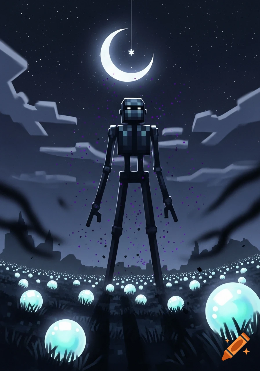 A tall, blocky Enderman stands under a crescent moon and star in a ...
