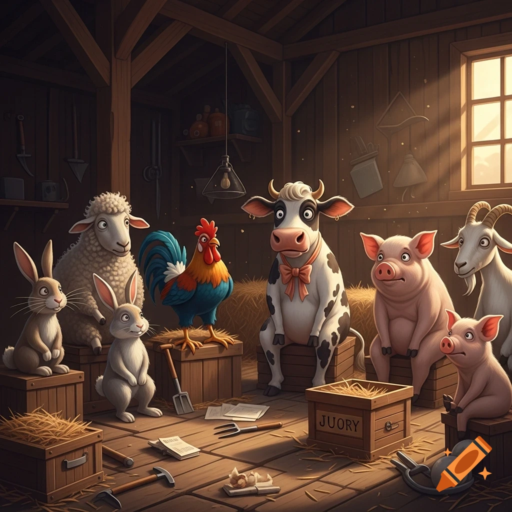 Cartoon farm animals, including rabbits, sheep, a rooster, a cow, pigs ...