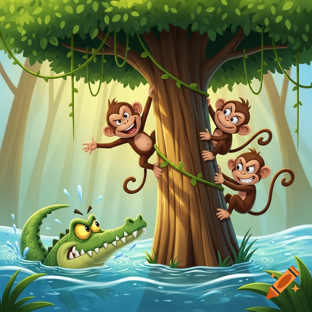 Three cartoon monkeys climb a tree, teasing a green crocodile in a jungle river. on Craiyon