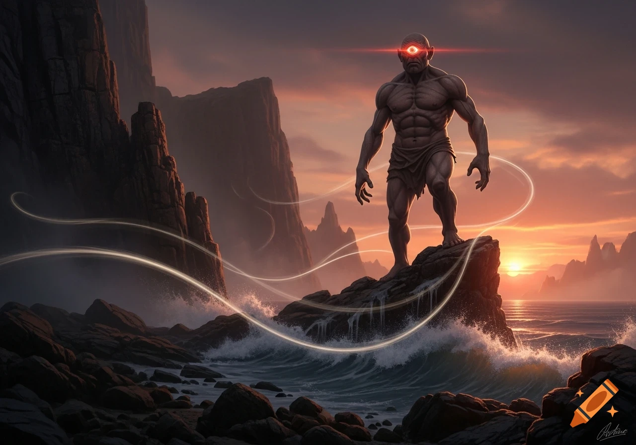 A muscular one-eyed giant stands on a rocky cliff by a stormy ocean at ...