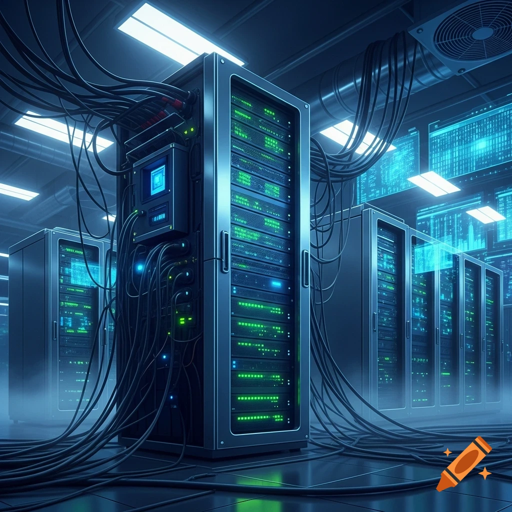 A dark server room with multiple glowing server racks, intricate ...