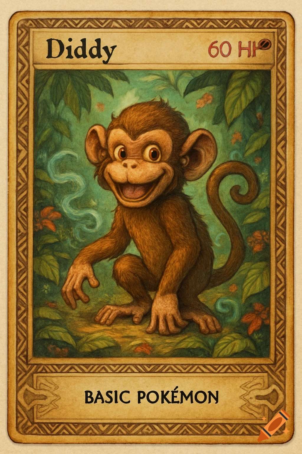A brown cartoon monkey with a big smile on a jungle-themed Pokémon ...