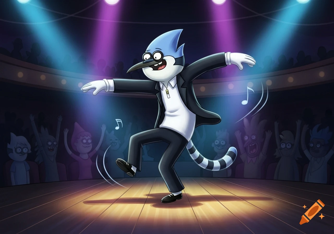 Mordecai from Regular Show tap dancing on a stage under blue and purple ...