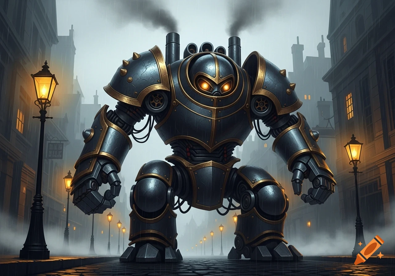 A large, heavily armored steampunk robot with glowing eyes and smoking ...