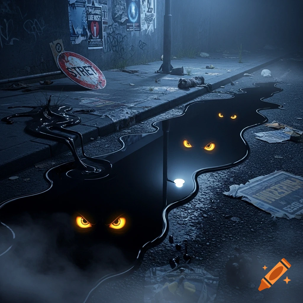 A dark, rainy urban alley with glowing yellow eyes emerging from black ...