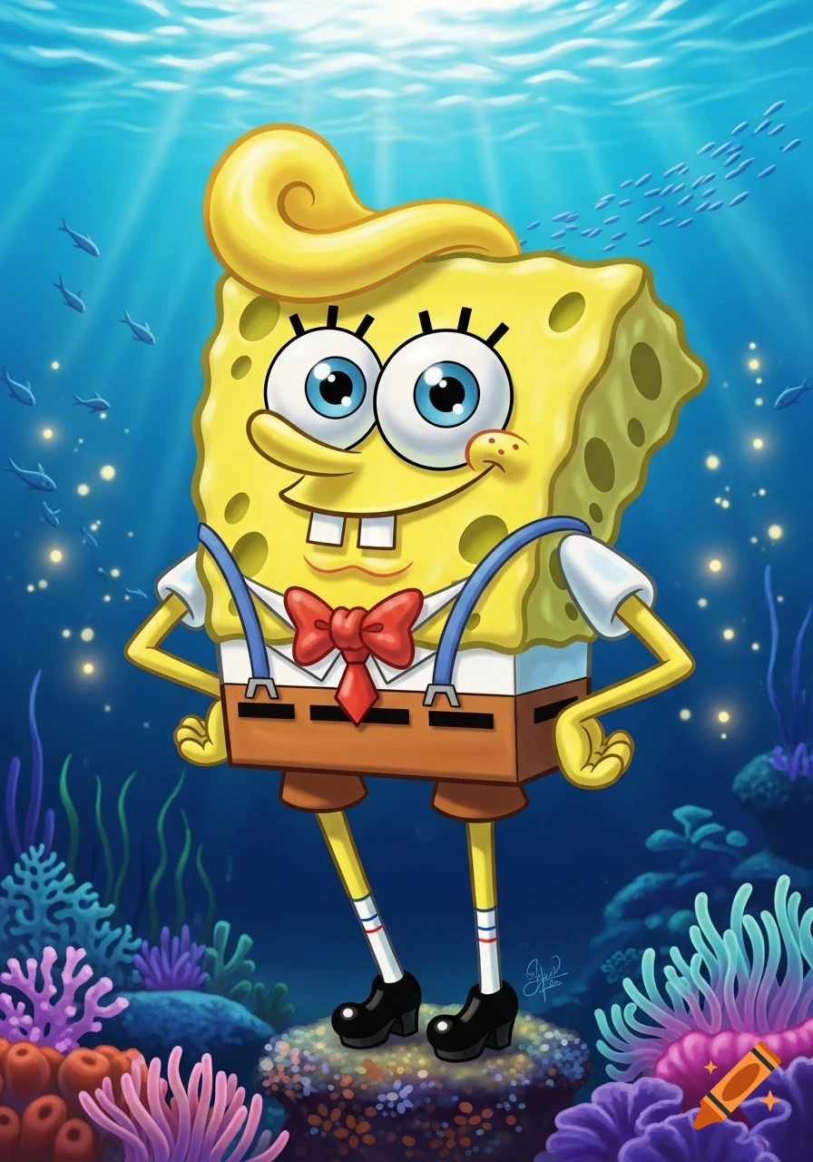 Cartoon Spongebob Squarepants with a curled hairstyle, wearing a bow ...