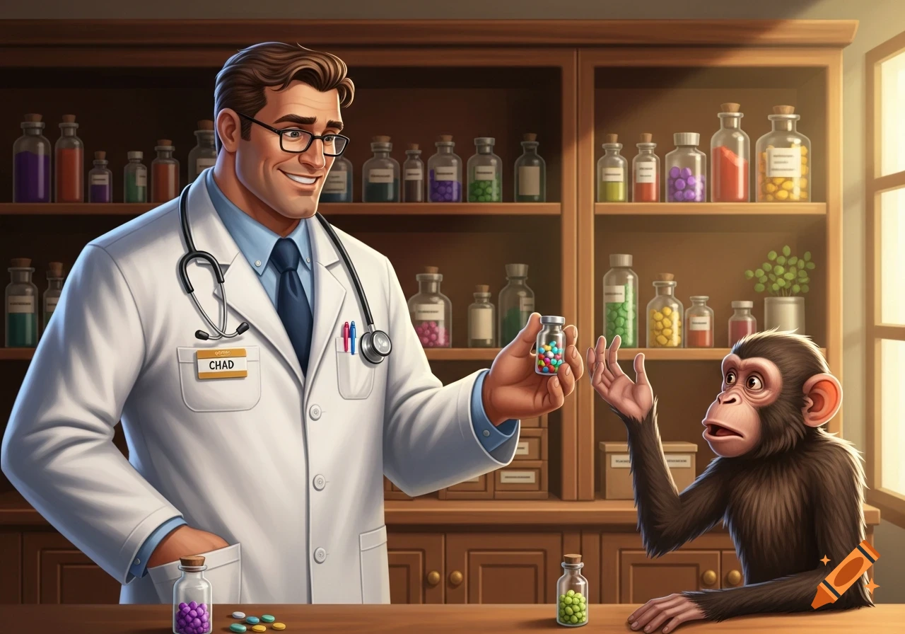 A cartoon doctor in a white coat and glasses holds colorful pills out ...