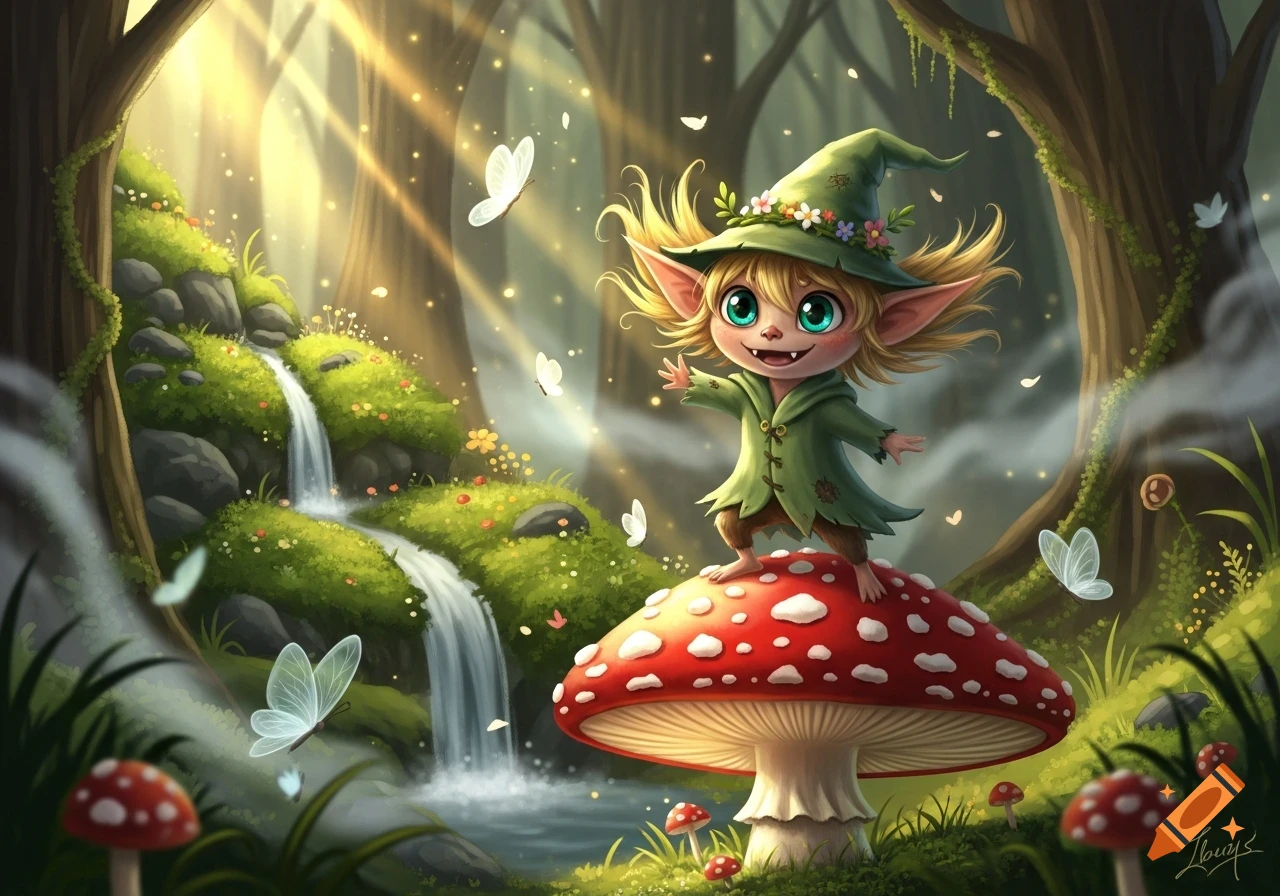 A cute, blonde elf-like creature with big green eyes and a pointed hat ...