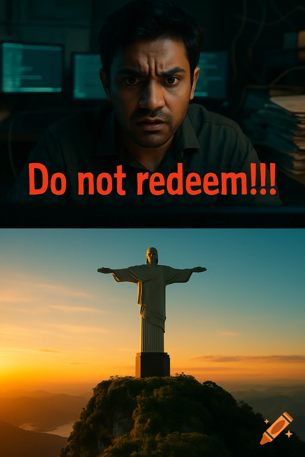 A split image with an angry Indian man and text 'Do not redeem ...