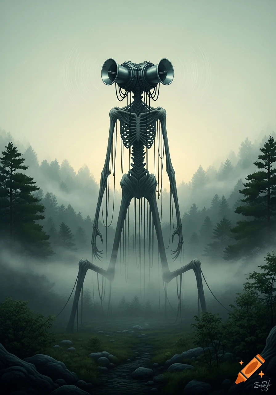 A tall, gaunt, skeletal creature with two large sirens for a head ...