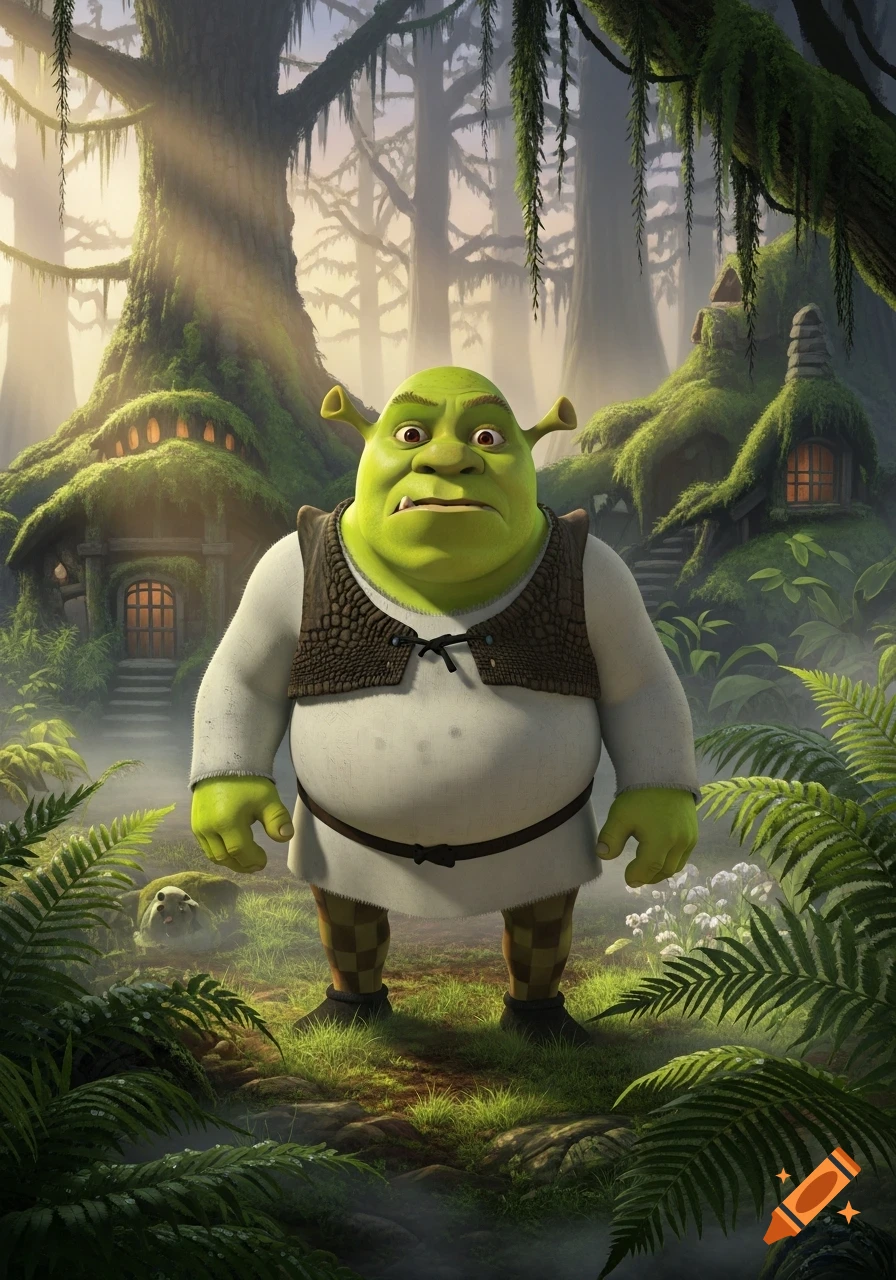 Shrek the ogre stands with a confused expression in a mystical, moss ...