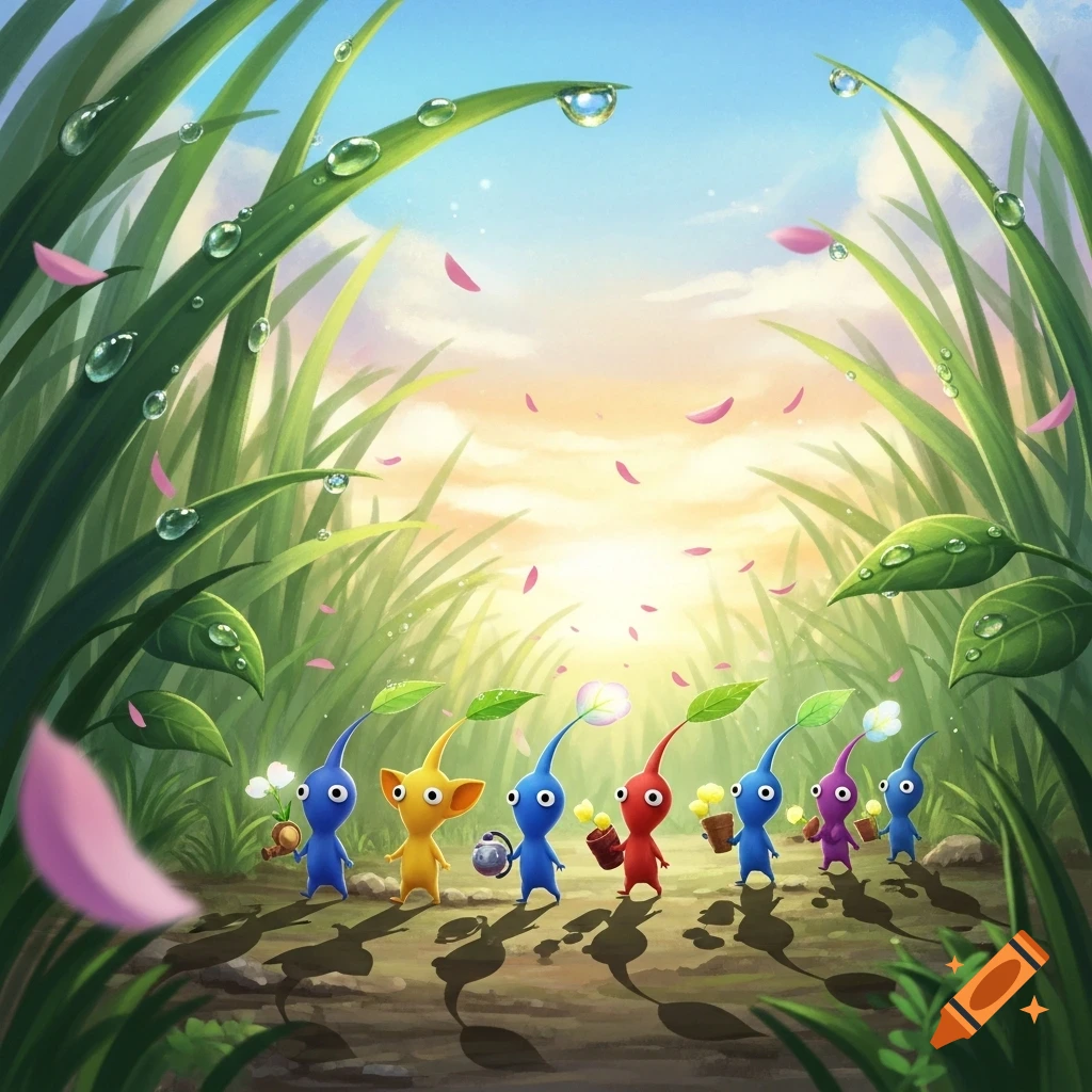 Colorful Pikmin characters walk in a line through tall dewy grass under ...
