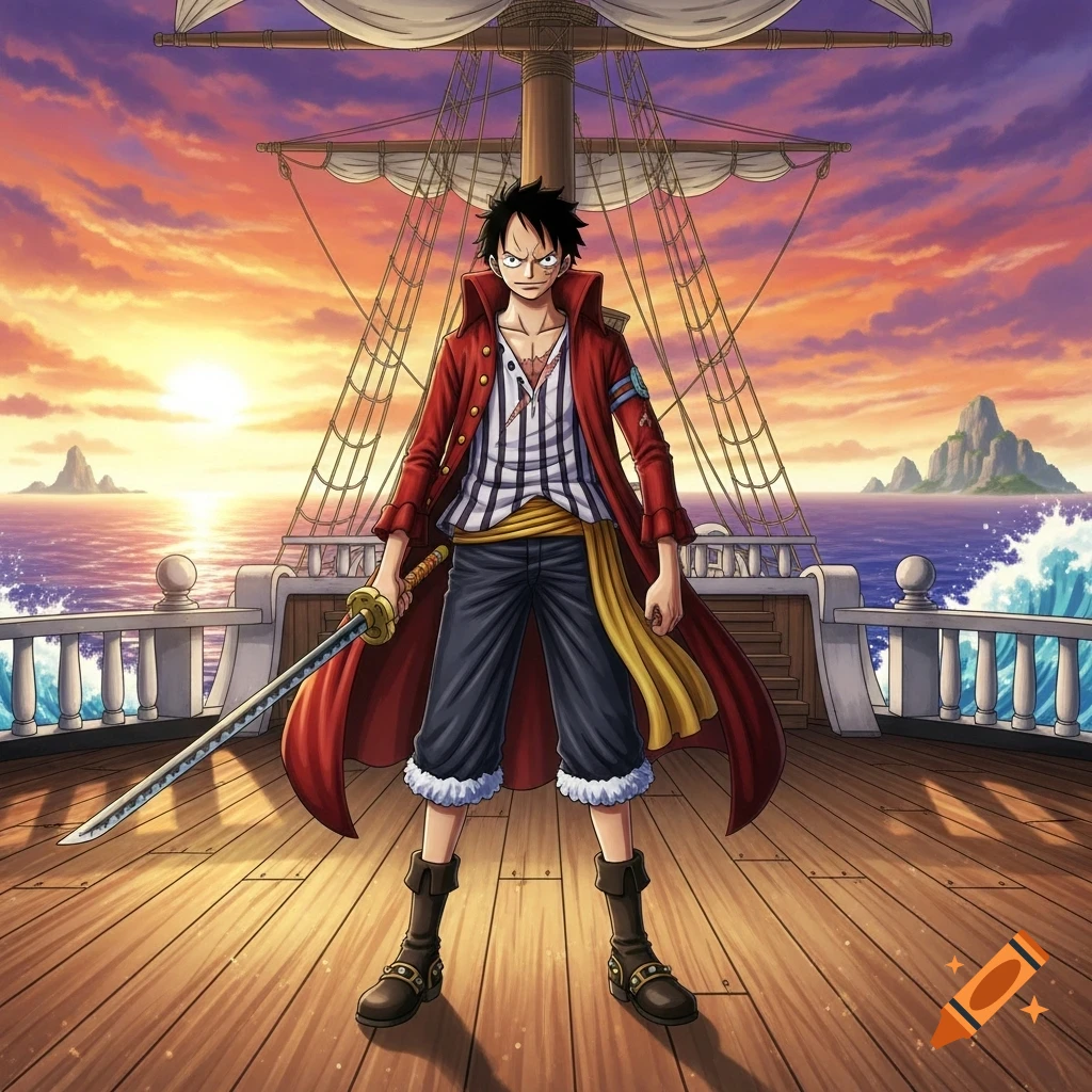 Anime illustration of Monkey D. Luffy in a red coat, holding a sword on ...